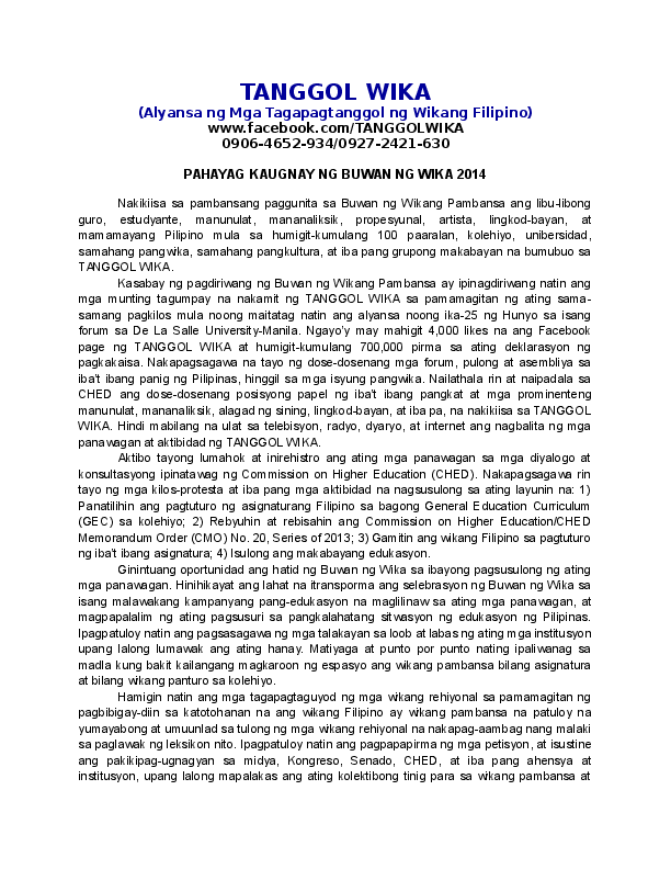 (DOC) Buwan ng Wika 2014 Pahayag ng TANGGOL WIKA