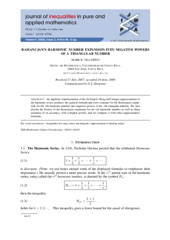 (PDF) Ramanujan's Harmonic Number Expansion into Negative Powers of a Triangular Number