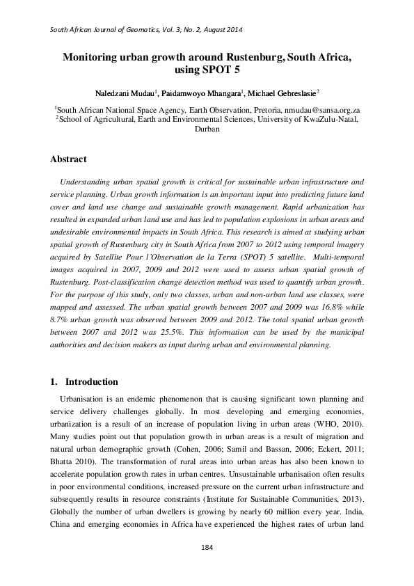 (PDF) Monitoring urban growth around Rustenburg, South Africa, Using SPOT 5