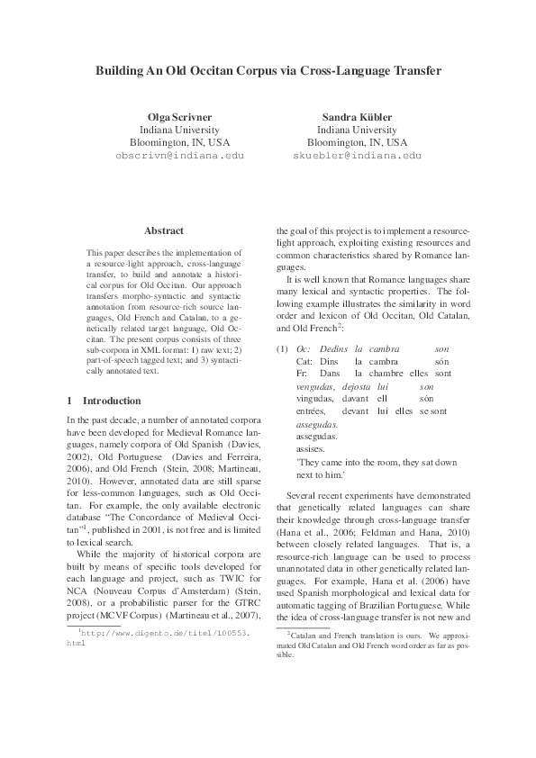 Building An Old Occitan Corpus via Cross-Language Transfer