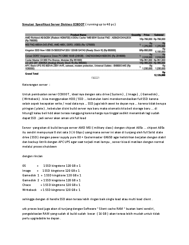 (DOC) Simulasi Spesifikasi Server Diskless CCBOOT ( running up to 40 pc