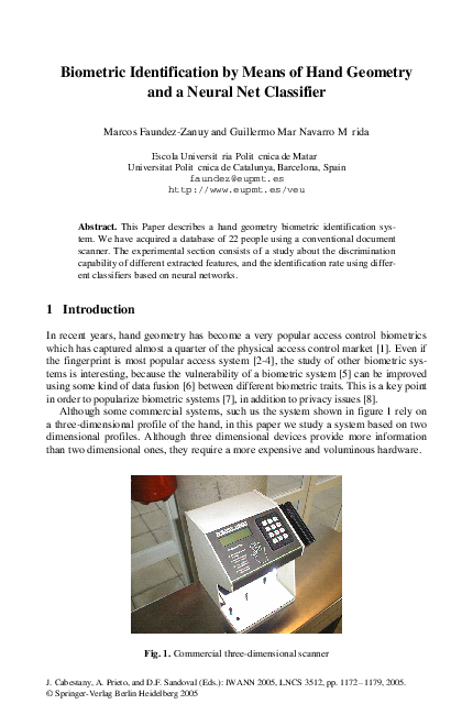 (PDF) Biometric Identification by Means of Hand Geometry and a Neural ...