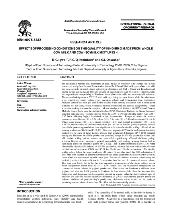 (PDF) EFFECTS OF PROCESSING CONDITIONS ON THE QUALITY OF KINDIRMO MADE FROM WHOLE COW MILK AND ...