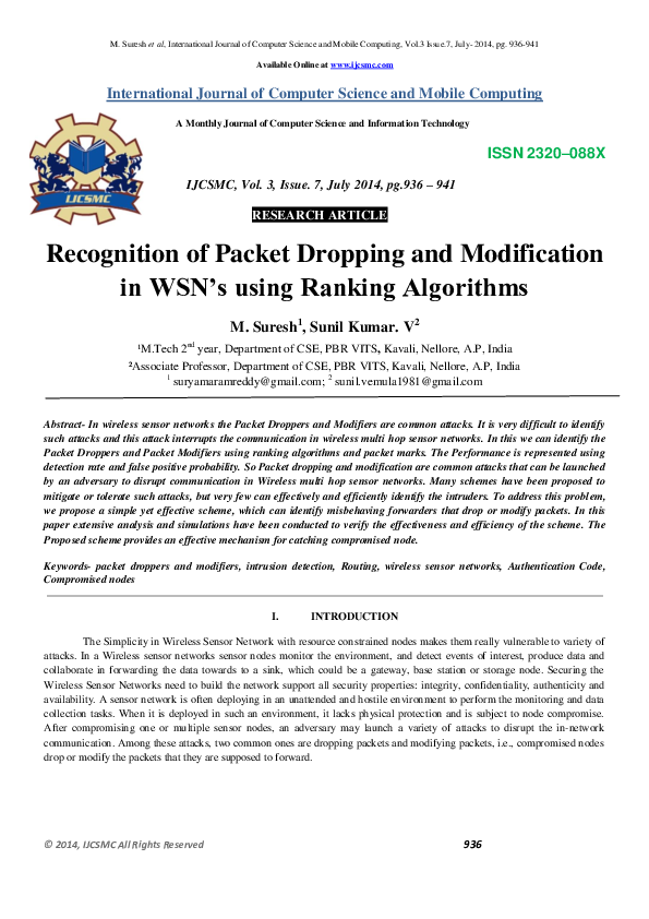 Pdf Recognition Of Packet Dropping And Modification In Wsns Using Ranking Algorithms