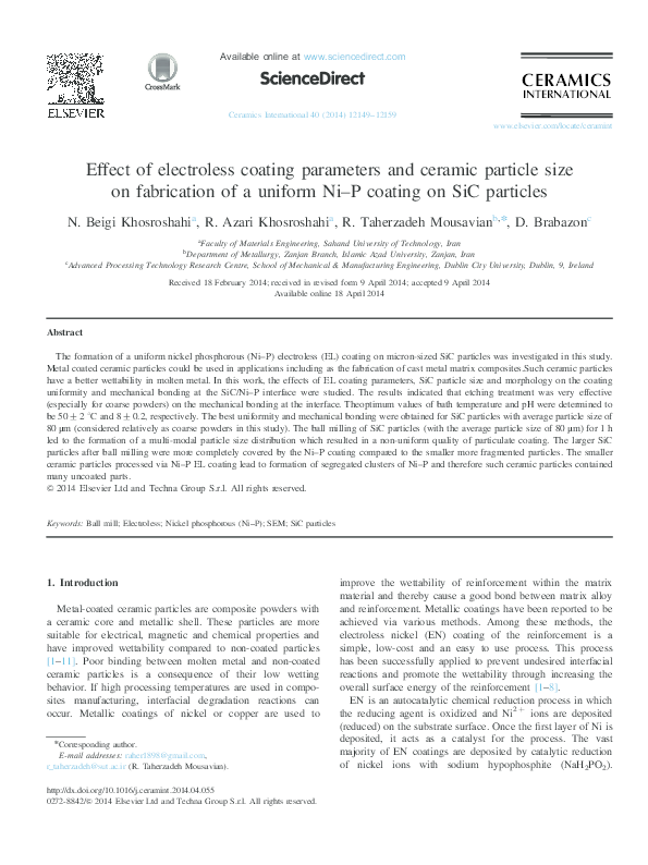 (PDF) Effect of electroless coating parameters and ceramic particle size on fabrication of a ...