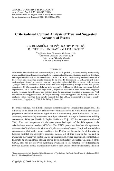 (PDF) Criteria-based content analysis of true and suggested accounts of ...