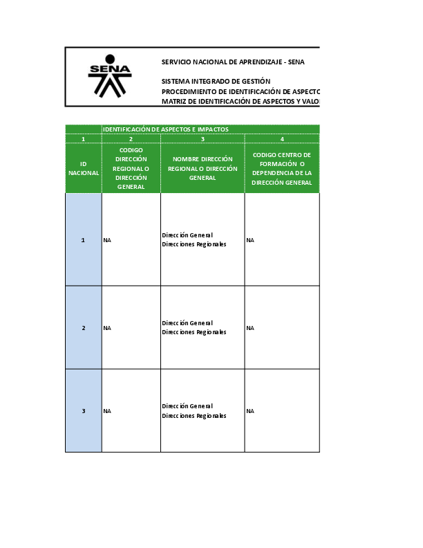 Xls Formato Matriz Identificación De Aspectos Y Valoracion De