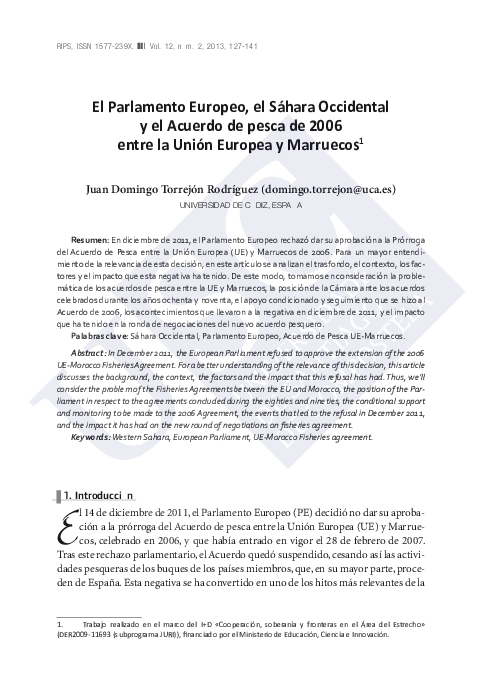 (PDF) El Parlamento Europeo, el Sáhara Occidental y el Acuerdo de pesca de 2006 entre la Unión ...