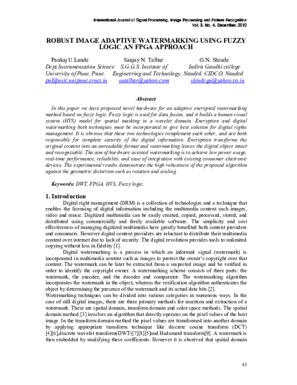 Pdf Robust Image Adaptive Watermarking Using Fuzzy Logic An Fpga Approach Auday Mohamad