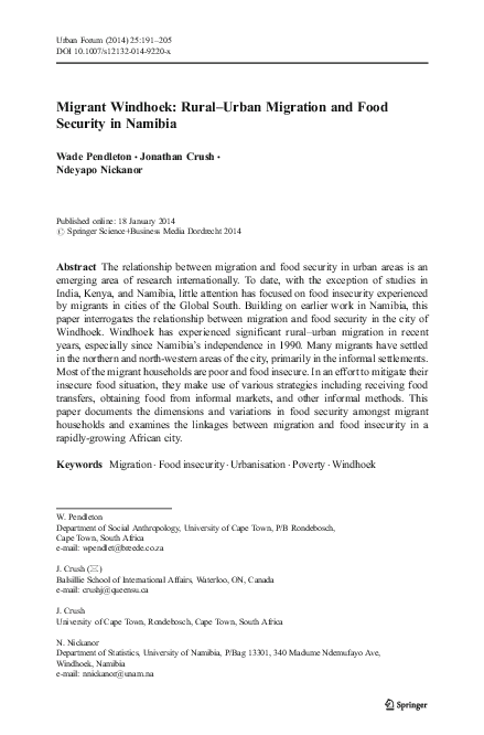 (PDF) Migrant Windhoek: Rural-Urban Migration and Food Security in Namibia