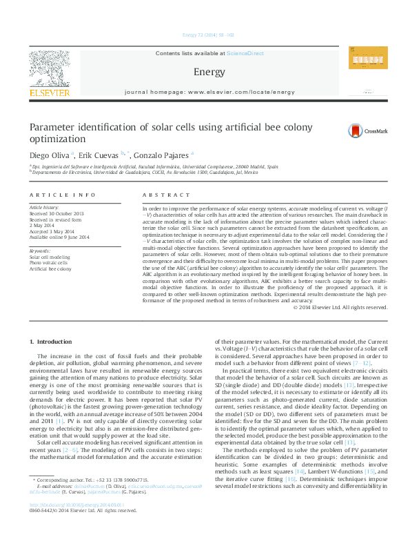 (PDF) Parameter identification of solar cells using artificial bee colony optimization