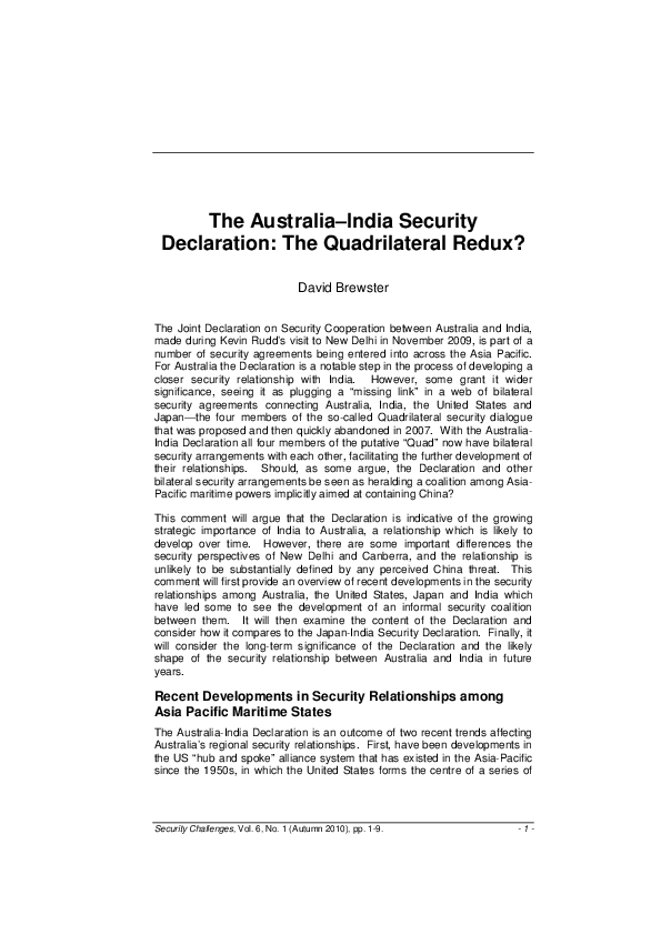 The Australia – India Security Declaration: the Quadrilateral redux?