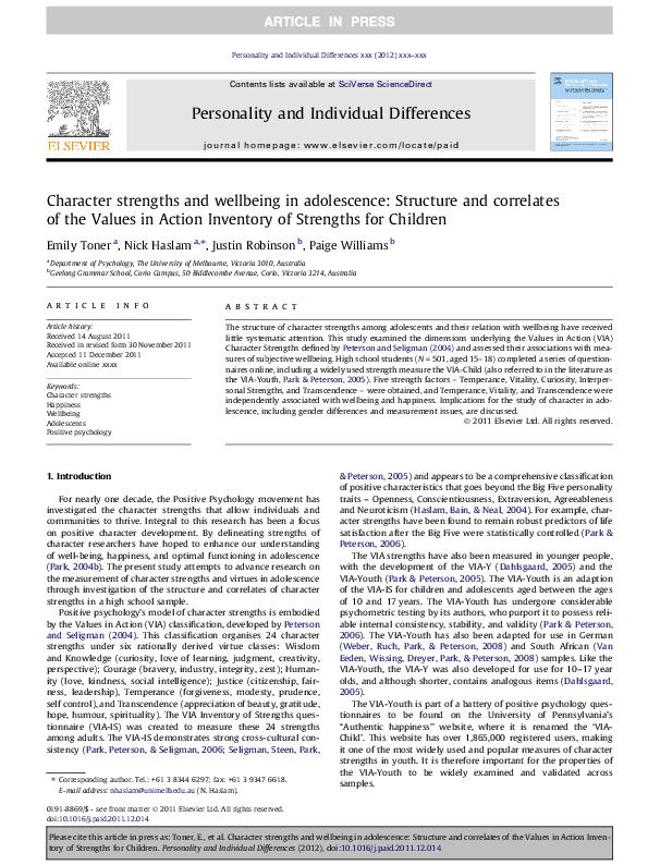 Pdf Character Strengths And Wellbeing In Adolescence Structure And Correlates Of The Values