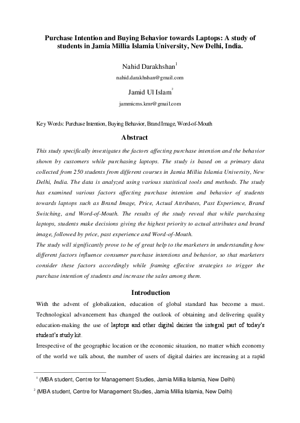 (PDF) Purchase Intention and Buying Behavior towards Laptops: A study ...