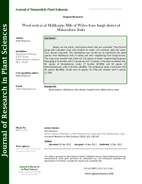 (PDF) Weed analysis of Mallikarjun Hills of Walwa from Sangli district ...