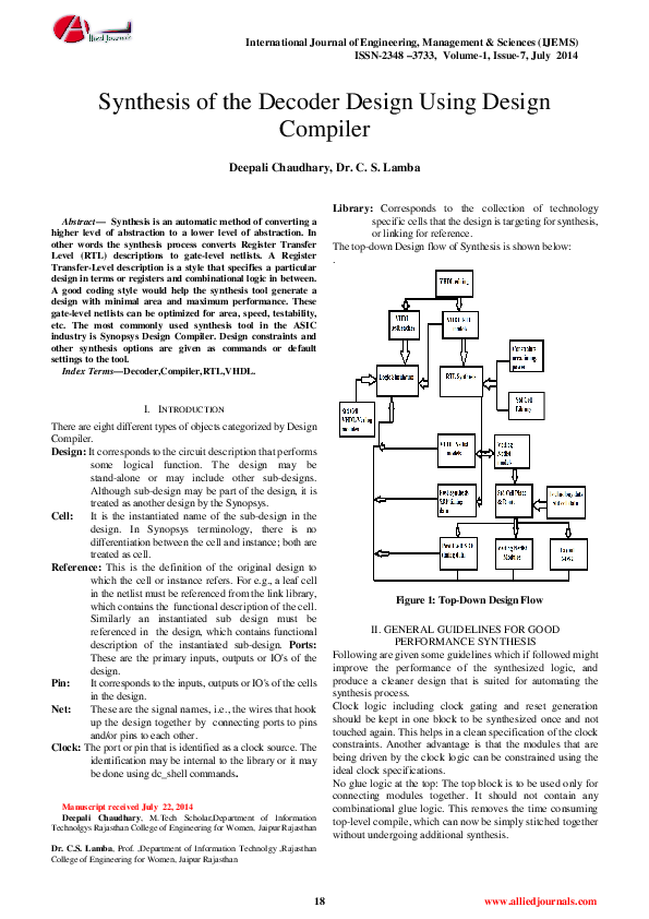 Pdf Synthesis Of The Decoder Design Using Design Compiler