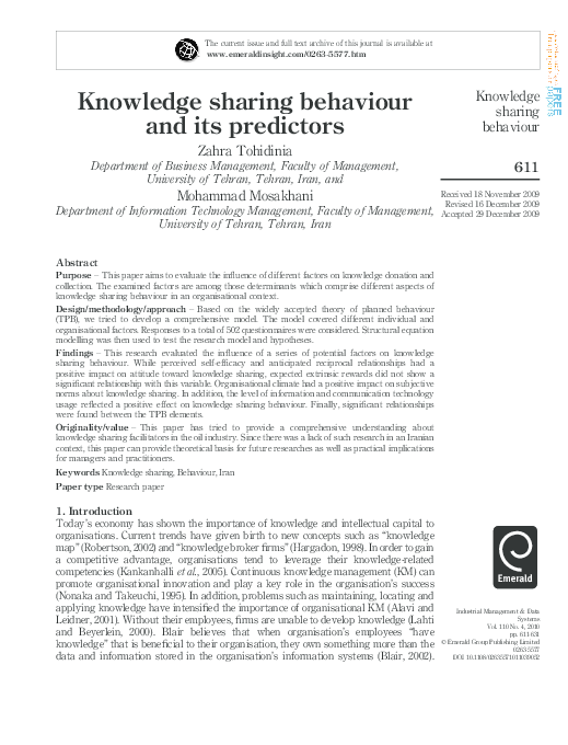 (PDF) Knowledge sharing behaviour and its predictors