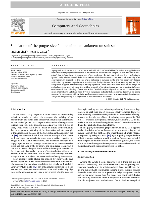 (PDF) Simulation of the progressive failure of an embankment on soft soil