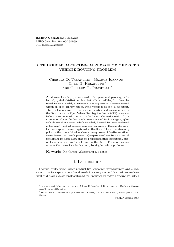 (PDF) A threshold accepting approach to the open vehicle routing problem | Gregory Prastacos and ...