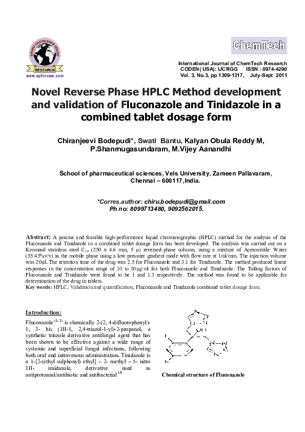 Pdf Novel Reverse Phase Hplc Method Development And Validation Of Fluconazole And Tinidazole