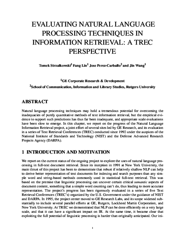 Pdf Evaluating Natural Language Processing Techniques In Information Retrieval A Trec Perspective