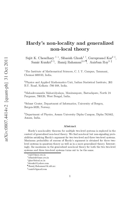 (PDF) Hardy's non-locality and generalized non-local theory | ramij ...