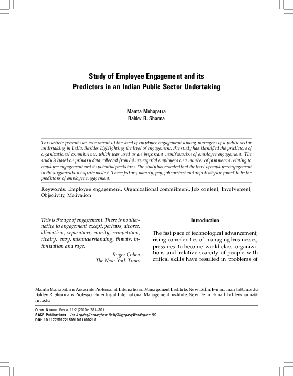 (PDF) Study of Employee Engagement and its Predictors in an Indian ...