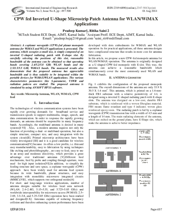 (PDF) CPW fed Inverted U-Shape Microstrip Patch Antenna for WLAN/WiMAX Applications