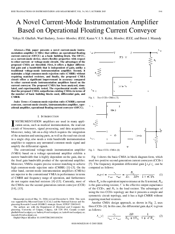 (PDF) A Novel Current-Mode Instrumentation Amplifier Based on Operational Floating Current Conveyor