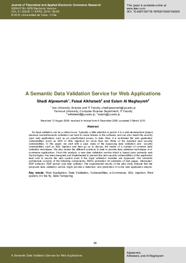 Pdf A Semantic Data Validation Service For Web Applications Shadi Aljawarneh Eslam Al