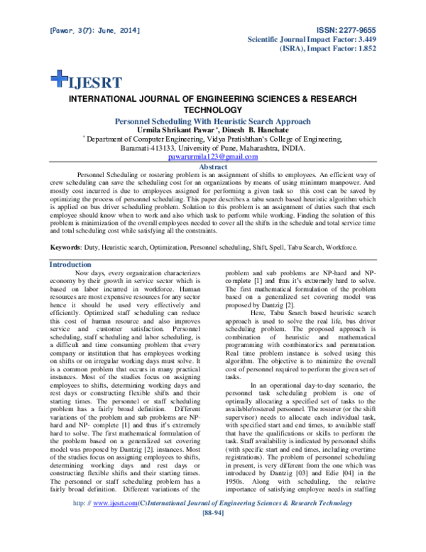 Pdf Personnel Scheduling With Heuristic Search Approach Ijesrt Journal 