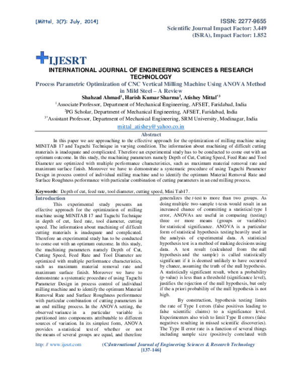 Pdf Process Parametric Optimization Of Cnc Vertical Milling Machine