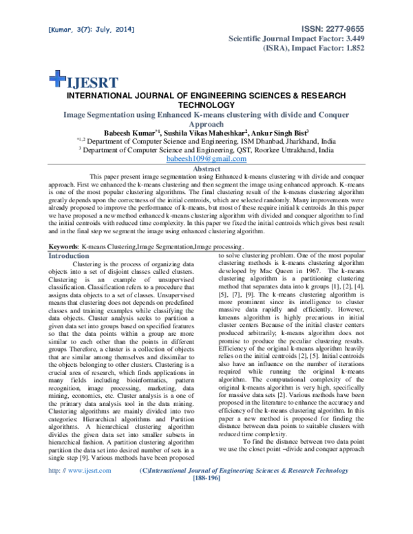 Pdf Image Segmentation Using Enhanced K Means Clustering With Divide And Conquer Approach