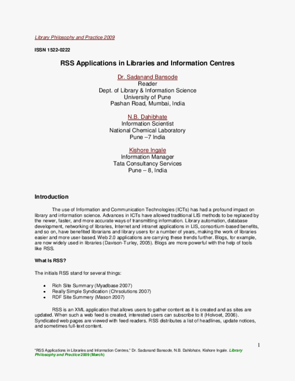 (PDF) RSS Applications in Libraries and Information Centres