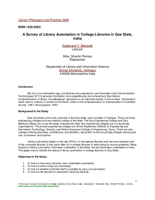 (PDF) A Survey of Library Automation in College Libraries in Goa State ...