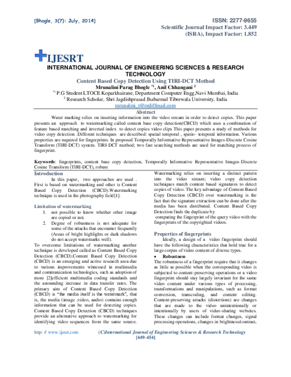 (PDF) Content Based Copy Detection Using TIRI-DCT Method