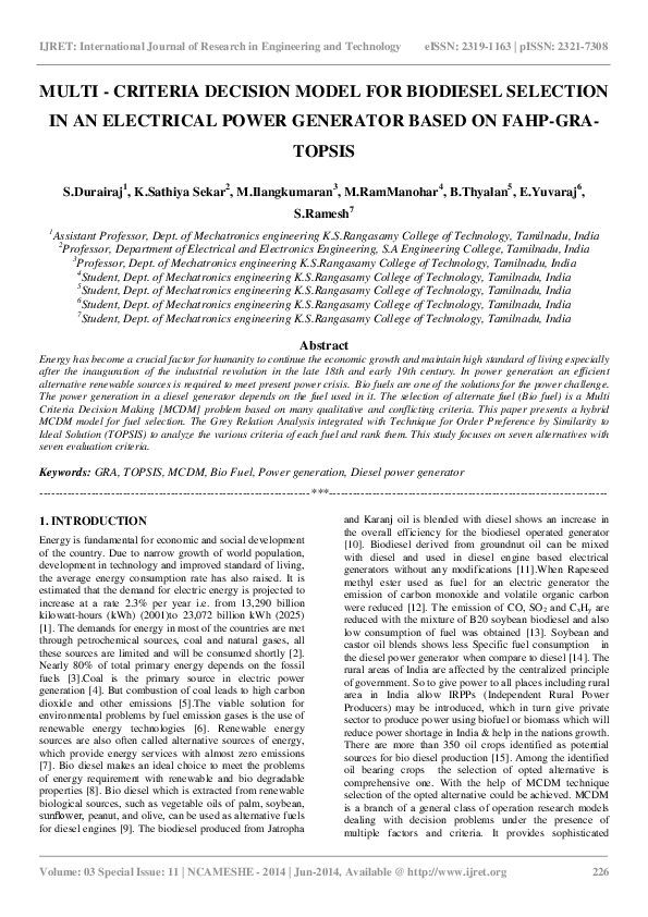 (PDF) MULTI -CRITERIA DECISION MODEL FOR BIODIESEL SELECTION IN AN ELECTRICAL POWER GENERATOR ...