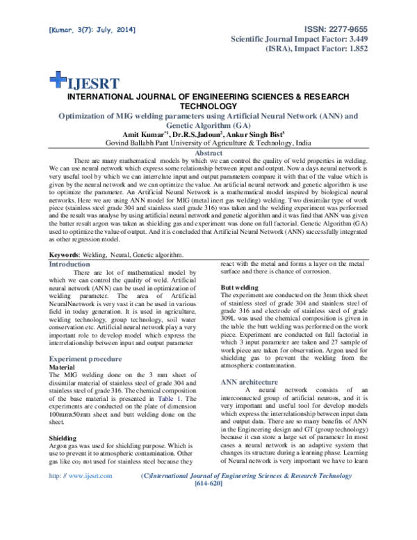 Pdf Optimization Of Mig Welding Parameters Using Artificial Neural