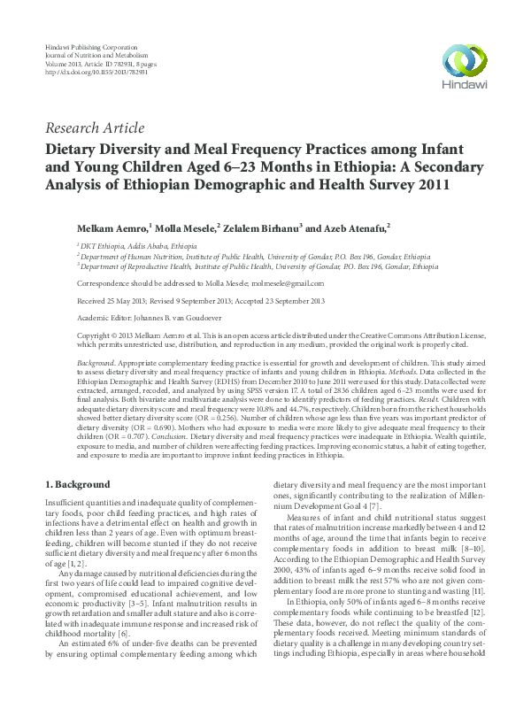 (PDF) Dietary Diversity and Meal Frequency Practices among Infant