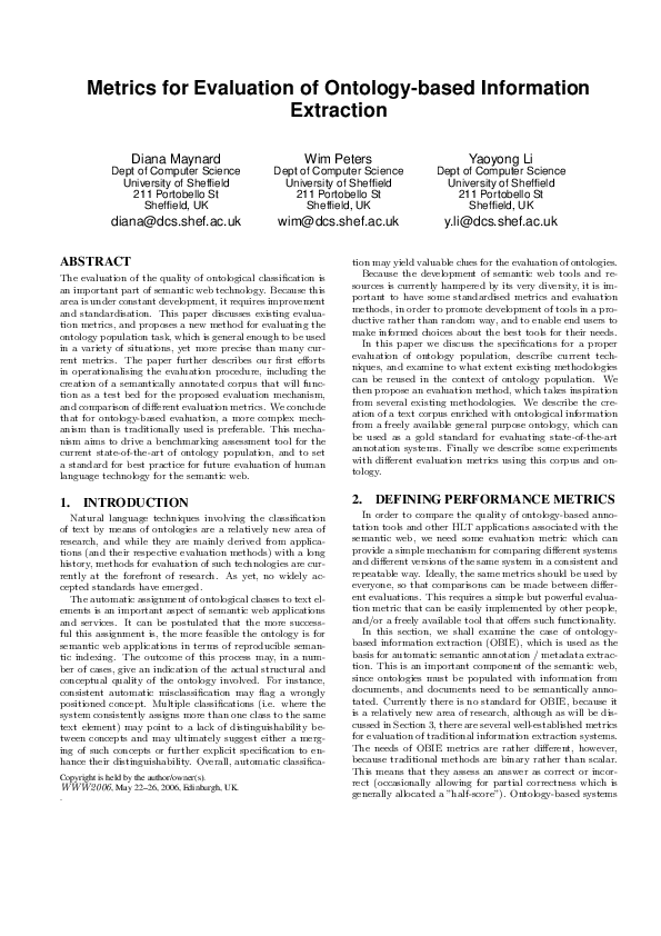 Pdf Metrics For Evaluation Of Ontology Based Information Extraction