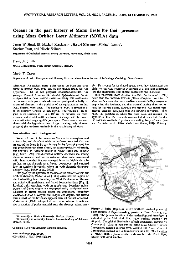 (PDF) Oceans in the past history of mars: Tests for their presence ...