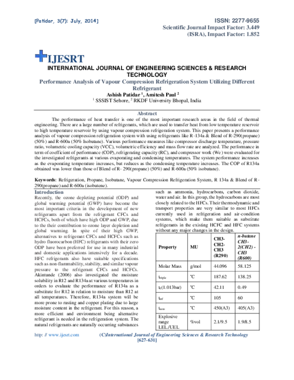 Pdf Performance Analysis Of Vapour Compression Refrigeration System Utilizing Different