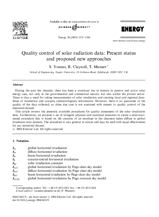 (PDF) Quality control of solar radiation data: Present status and ...