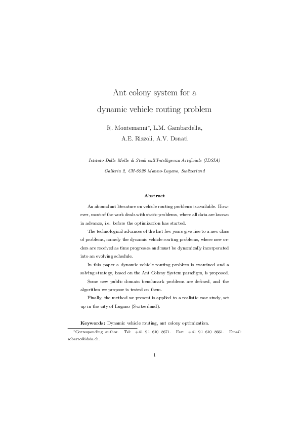 (PDF) Ant Colony System for a Dynamic Vehicle Routing Problem