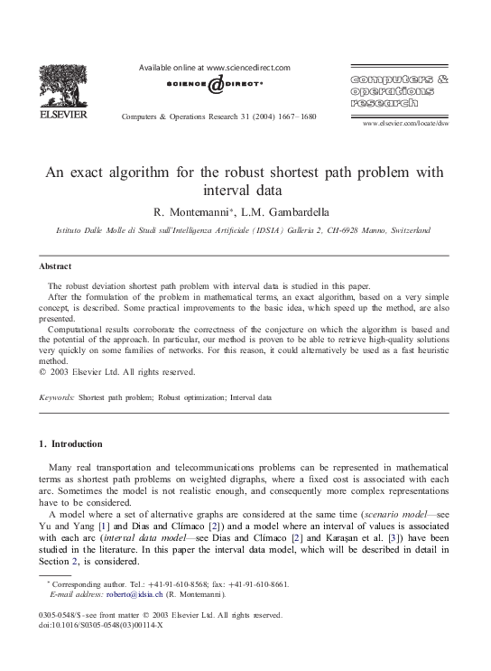 Pdf An Exact Algorithm For The Robust Shortest Path Problem With Interval Data