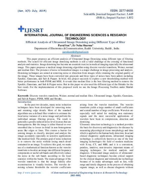 Pdf Efficient Analysis Of Ultrasound Image Denoising Using Different Type Of Filter Ijesrt