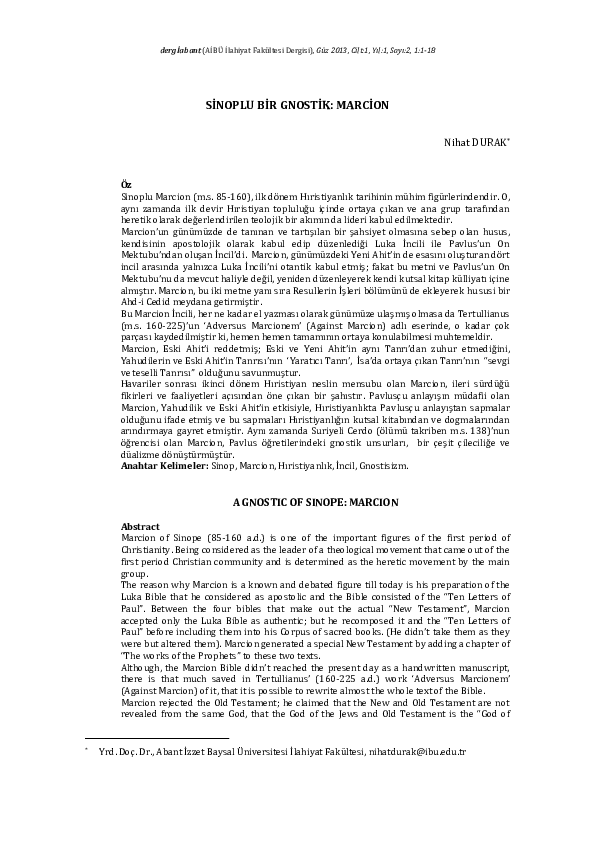(PDF) Sinoplu Bir Gnostik: Marcion (A Gnostic of Sinope: Marcion)