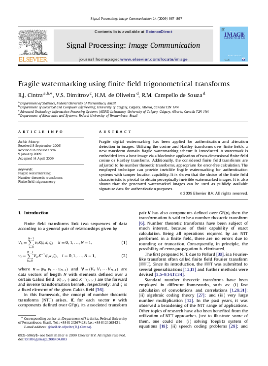(PDF) Fragile Watermarking Using Finite Field Trigonometrical Transforms
