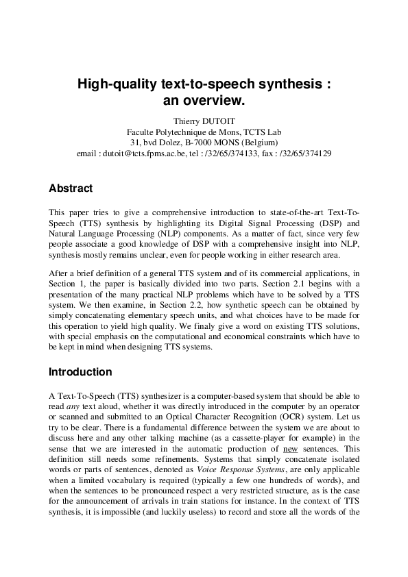 (PDF) High-Quality Text-to-Speech Synthesis: An Overview