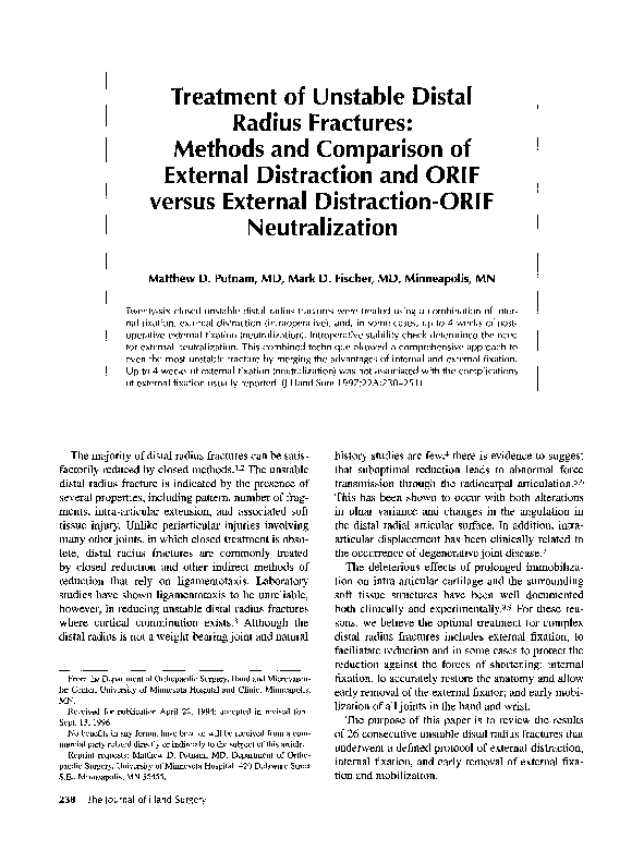 (PDF) Treatment of unstable distal radius fractures: Methods and comparison of external ...